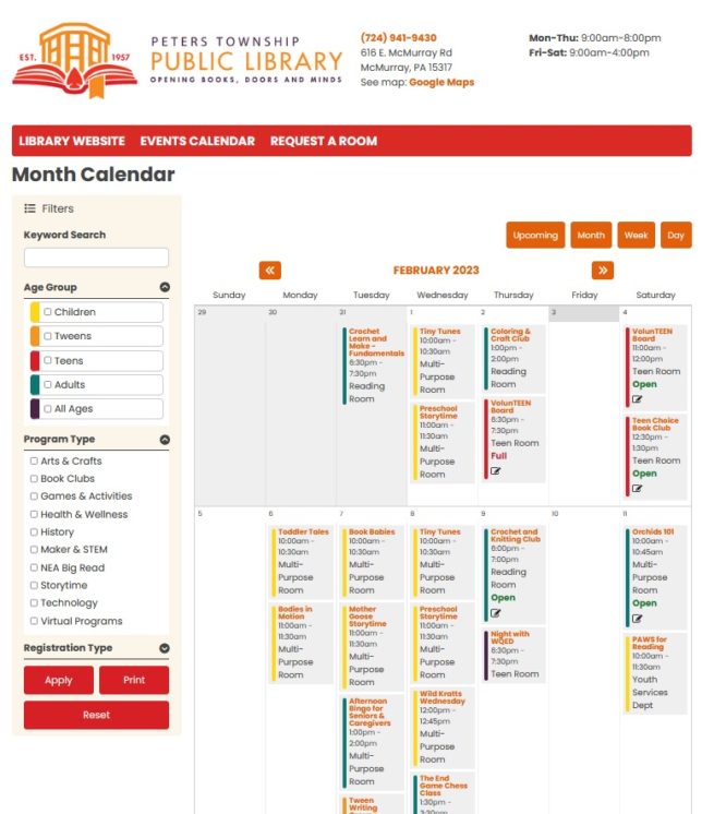 New PTPL Events Calendar and Online Room Reservations - Peters Township ...