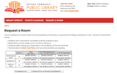 New PTPL Events Calendar and Online Room Reservations - Peters Township ...