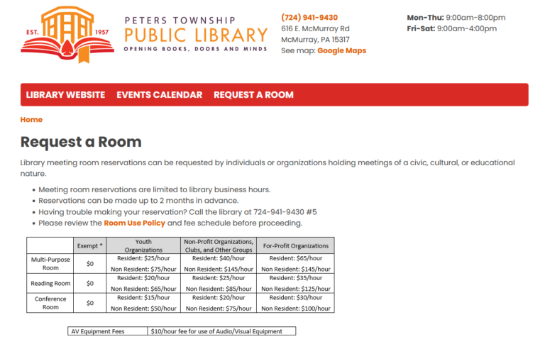 New PTPL Events Calendar and Online Room Reservations - Peters Township ...