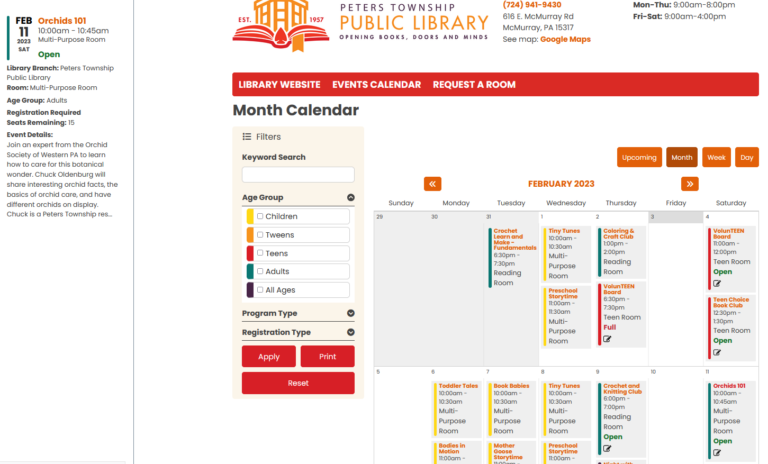 New PTPL Events Calendar and Online Room Reservations - Peters Township ...